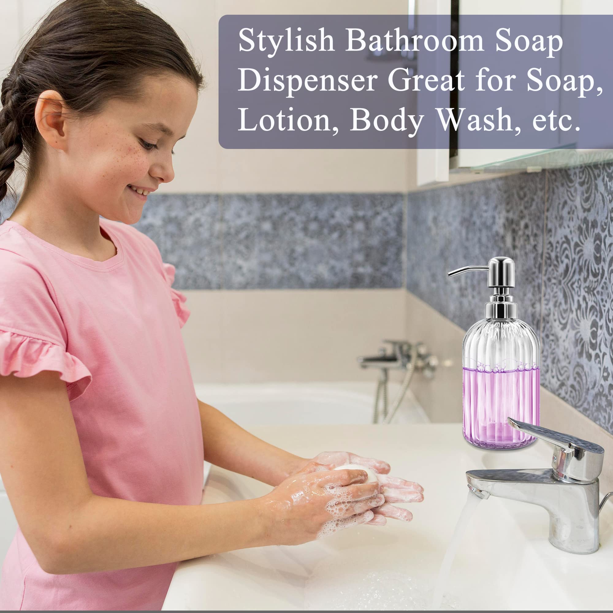 Soap Dispenser - 2 Pack 14 Oz Glass Soap Dispenser with Rust Proof Stainless Steel Pump, Refillable Liquid Bottle Dispenser, Premium Hand Jar Dispenser for Bathroom, Kitchen, Countertop (Transparent)