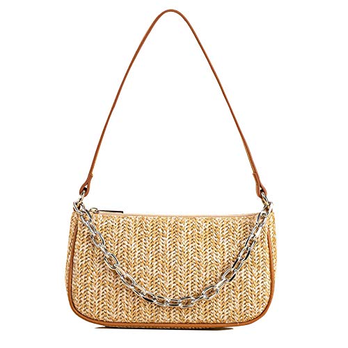 GL-Turelifes Small Straw Bags Summer Beach Bag Casual Clutch Shoulder Tote HandBag with Zipper Closure for Women (Brown B)