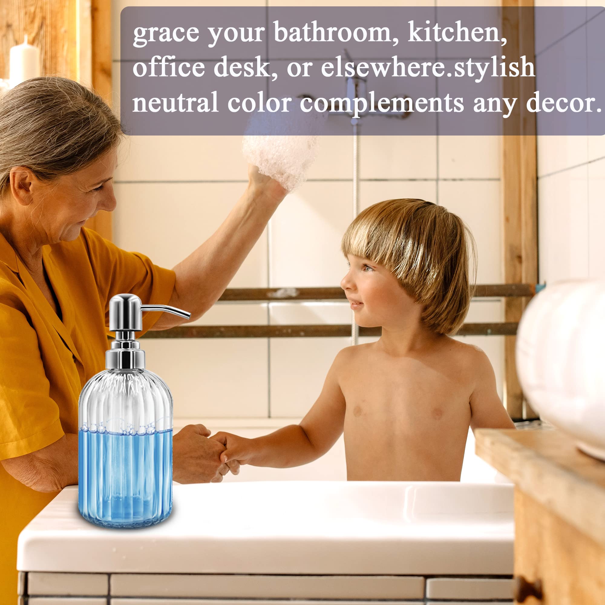 Soap Dispenser - 2 Pack 14 Oz Glass Soap Dispenser with Rust Proof Stainless Steel Pump, Refillable Liquid Bottle Dispenser, Premium Hand Jar Dispenser for Bathroom, Kitchen, Countertop (Transparent)