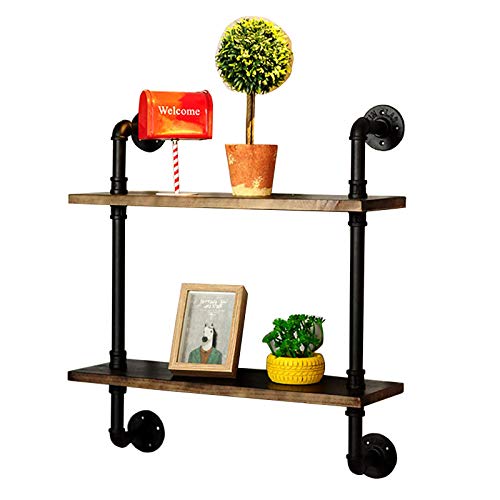 FOTEE Industrial Pipe Shelf Bracket, 2 Tiers Retro Wall Mounted Floating Shelf, Wood Look DIY Storage Shelving Bookshelf, Farmhouse Bathroom Shelving for Room/Kitchen/Office,Black
