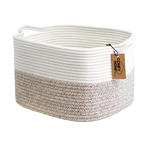 Cotton Rope Woven Basket With Handles for Shelves ,Toys ,Book, Cloth Storage Baskets for Organizing-13.5" x 11" x 9.5" Nursery Cube Bin,Decorative Storage Organizer for Living Room, Bathroom by COMFY-HOMI(White/Brown)
