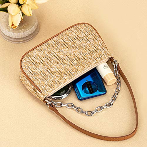 GL-Turelifes Small Straw Bags Summer Beach Bag Casual Clutch Shoulder Tote HandBag with Zipper Closure for Women (Brown B)