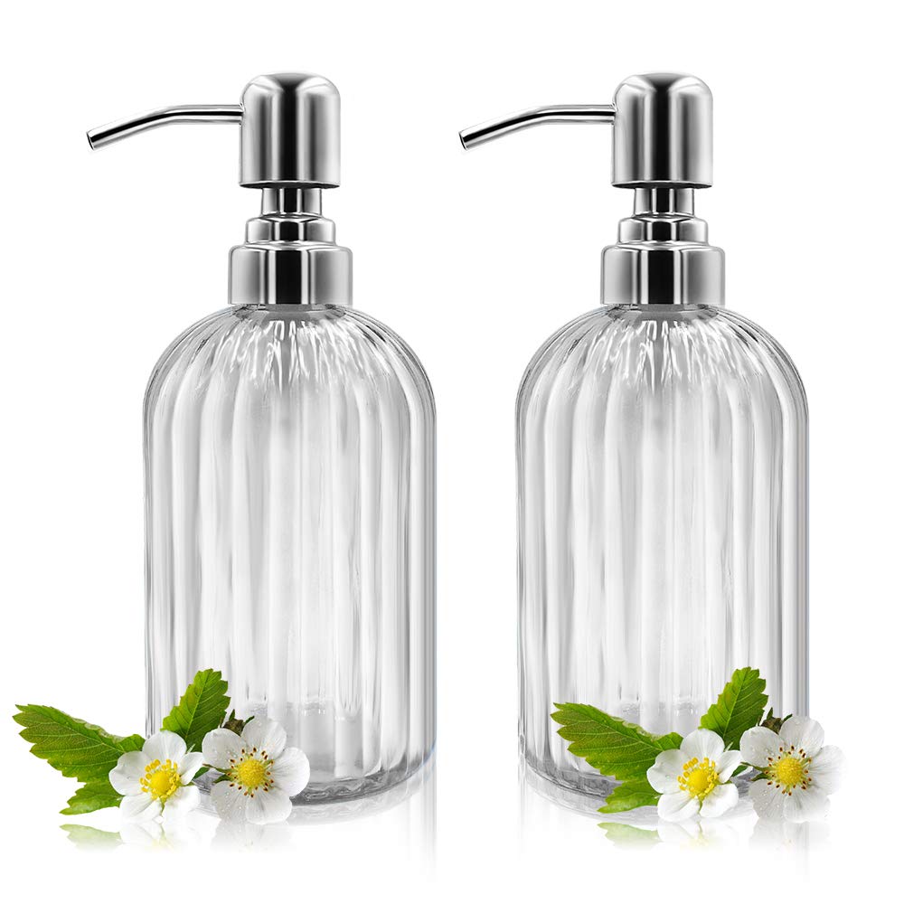 Soap Dispenser - 2 Pack 14 Oz Glass Soap Dispenser with Rust Proof Stainless Steel Pump, Refillable Liquid Bottle Dispenser, Premium Hand Jar Dispenser for Bathroom, Kitchen, Countertop (Transparent)
