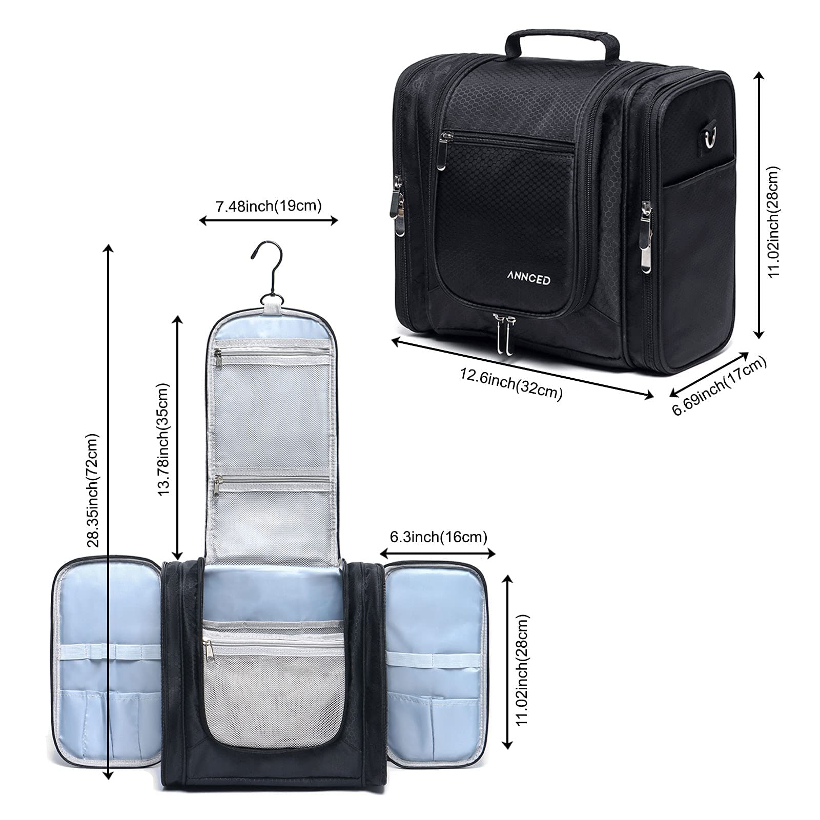 ANNCED Large Capacity Hanging Travel Toiletry Bag for Women and Men,With Shoulder Strap,Waterproof Bathroom and Shower Caddy Organizer Kit for Toiletries,Accessories,Cosmetics, Makeup,Brushes,Black