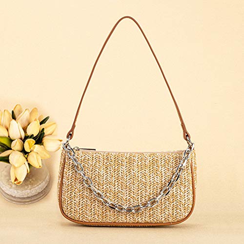 GL-Turelifes Small Straw Bags Summer Beach Bag Casual Clutch Shoulder Tote HandBag with Zipper Closure for Women (Brown B)