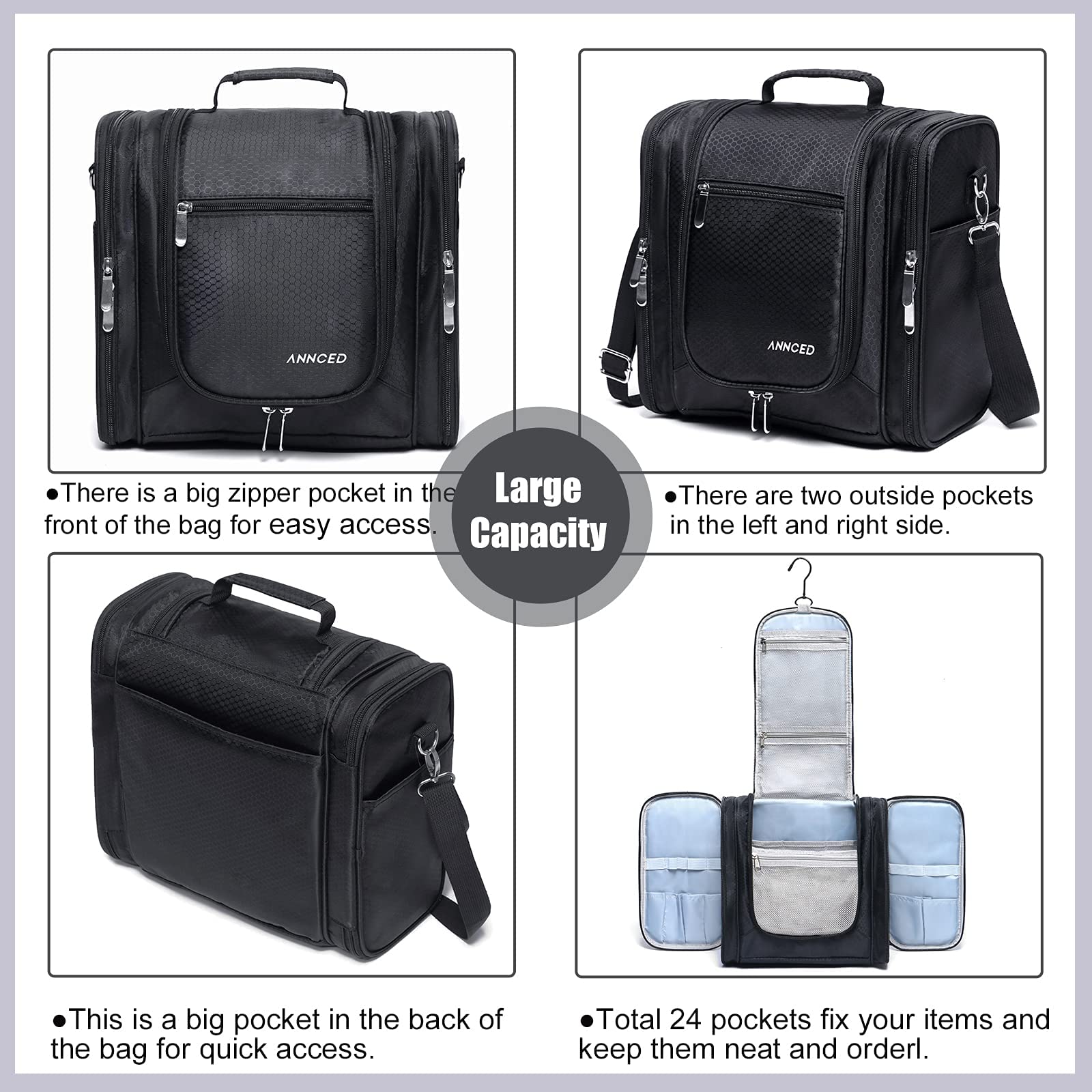 ANNCED Large Capacity Hanging Travel Toiletry Bag for Women and Men,With Shoulder Strap,Waterproof Bathroom and Shower Caddy Organizer Kit for Toiletries,Accessories,Cosmetics, Makeup,Brushes,Black