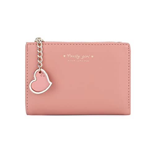 Sunwel Fashion Small Wallet with Heart Pendant Bifold Wallet Zipper Pocket Cash Card Holder Coin Purse for Women Girls (PINK, HEART CHARM)