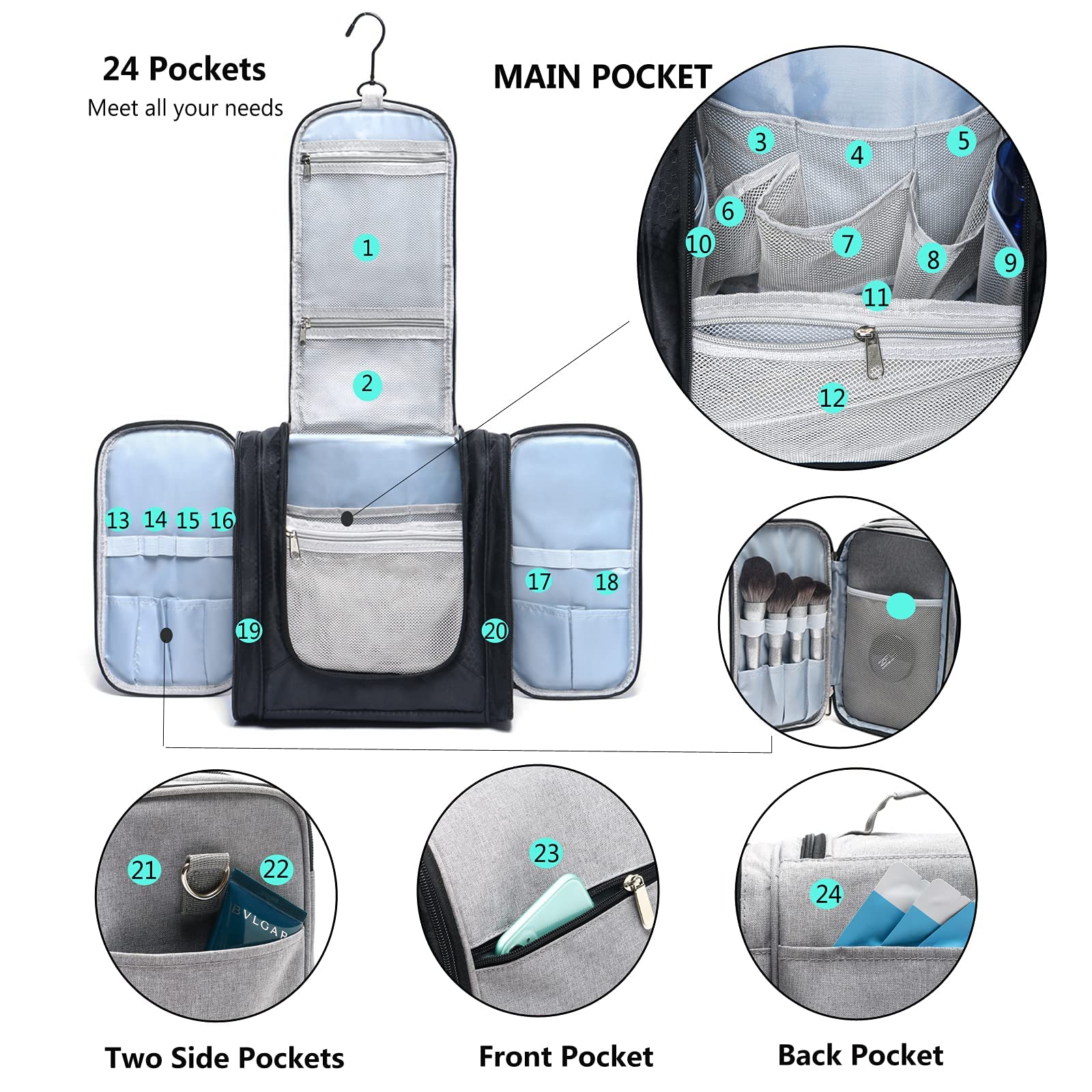 ANNCED Large Capacity Hanging Travel Toiletry Bag for Women and Men,With Shoulder Strap,Waterproof Bathroom and Shower Caddy Organizer Kit for Toiletries,Accessories,Cosmetics, Makeup,Brushes,Black