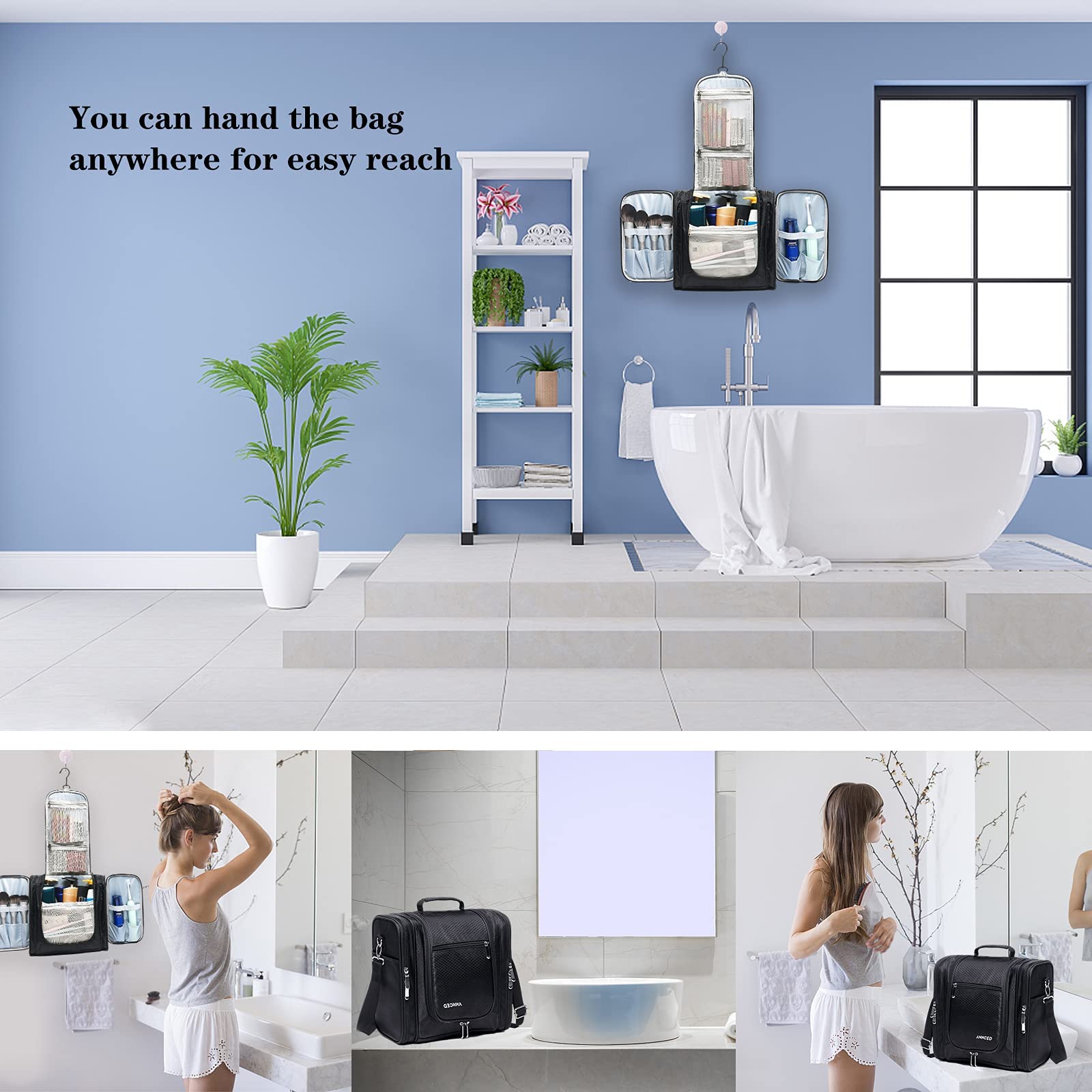 ANNCED Large Capacity Hanging Travel Toiletry Bag for Women and Men,With Shoulder Strap,Waterproof Bathroom and Shower Caddy Organizer Kit for Toiletries,Accessories,Cosmetics, Makeup,Brushes,Black