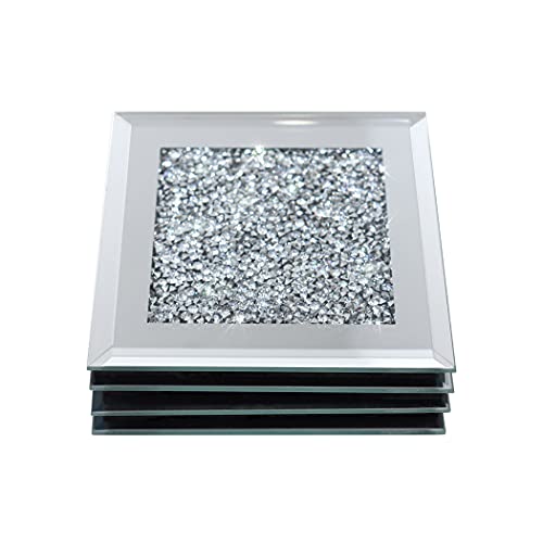 GIMORRTO Glass Mirrored Coaster 4 PC, Crushed Diamond Square Cup Mat 4" Decor on Tabletop for Bar Tools Dining Table