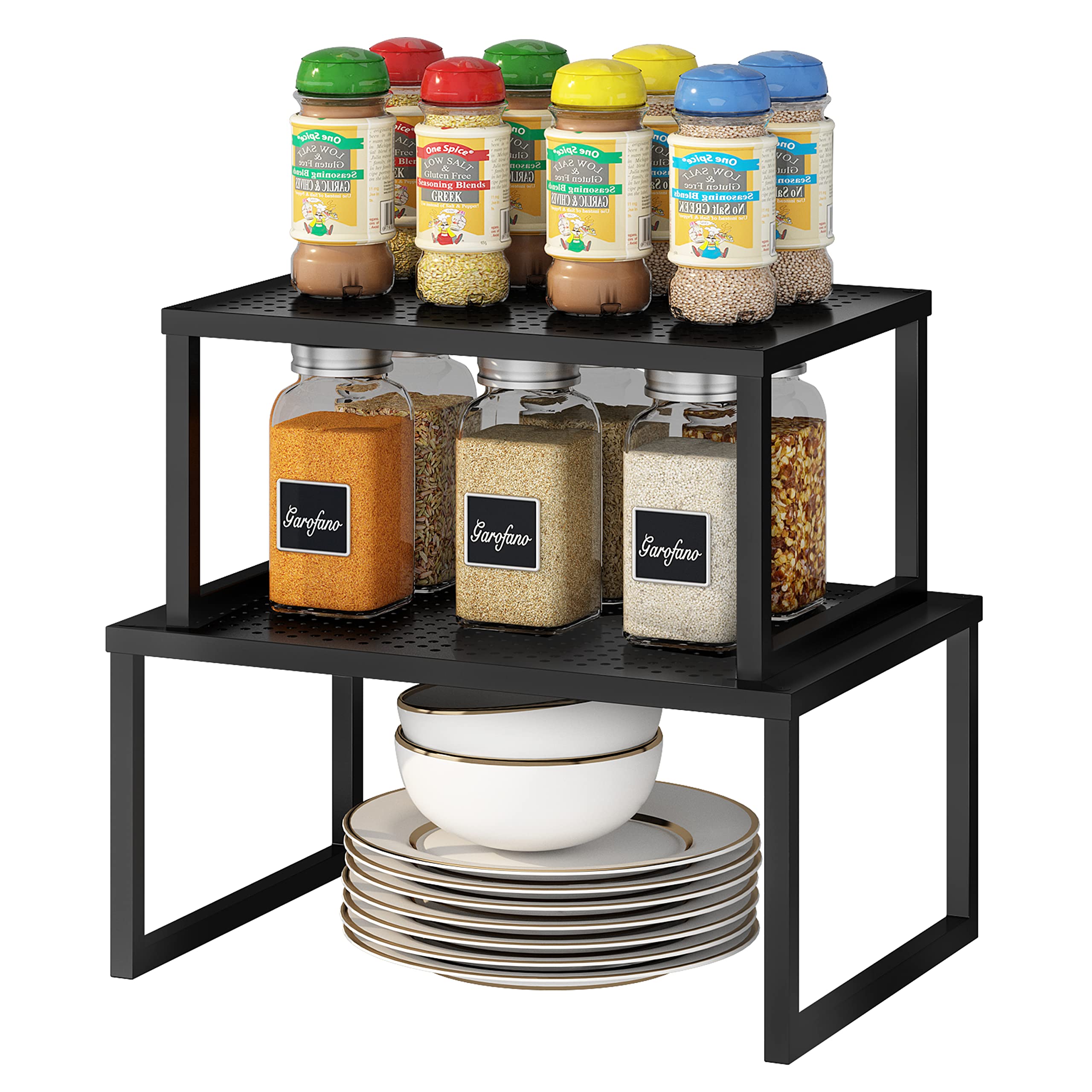 2 Pack- Simple Trending Cabinet Shelf Organizer, Kitchen Counter Shelf Rack for Pantry Organization, Expandable Stackable, Black