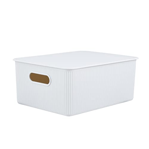 Superio Decorative Plastic Lidded Home Storage Bins Organizer Baskets, Large White Smoke (1 Pack - 15 Liter) Stackable Container Box, for Organizing Closet Shelves Drawer Shelf - Ribbed Collection
