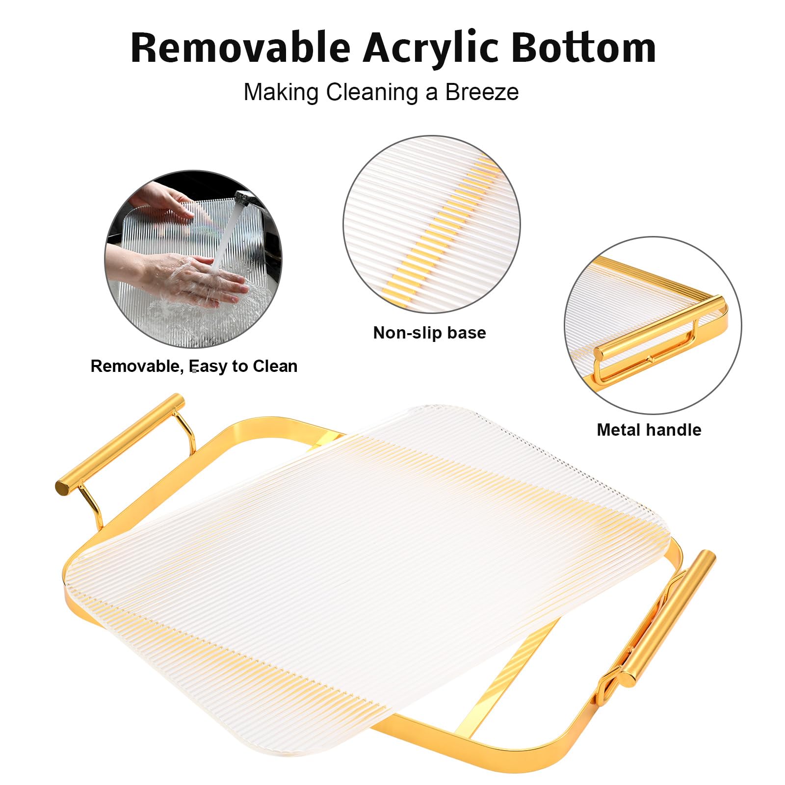 CoColemon Metal Serving Tray - 13.8"x10" Gold with Handles, Acrylic Bottom Decorative Tray for Ottoman,Coffee Table,Living Room and Bathroom