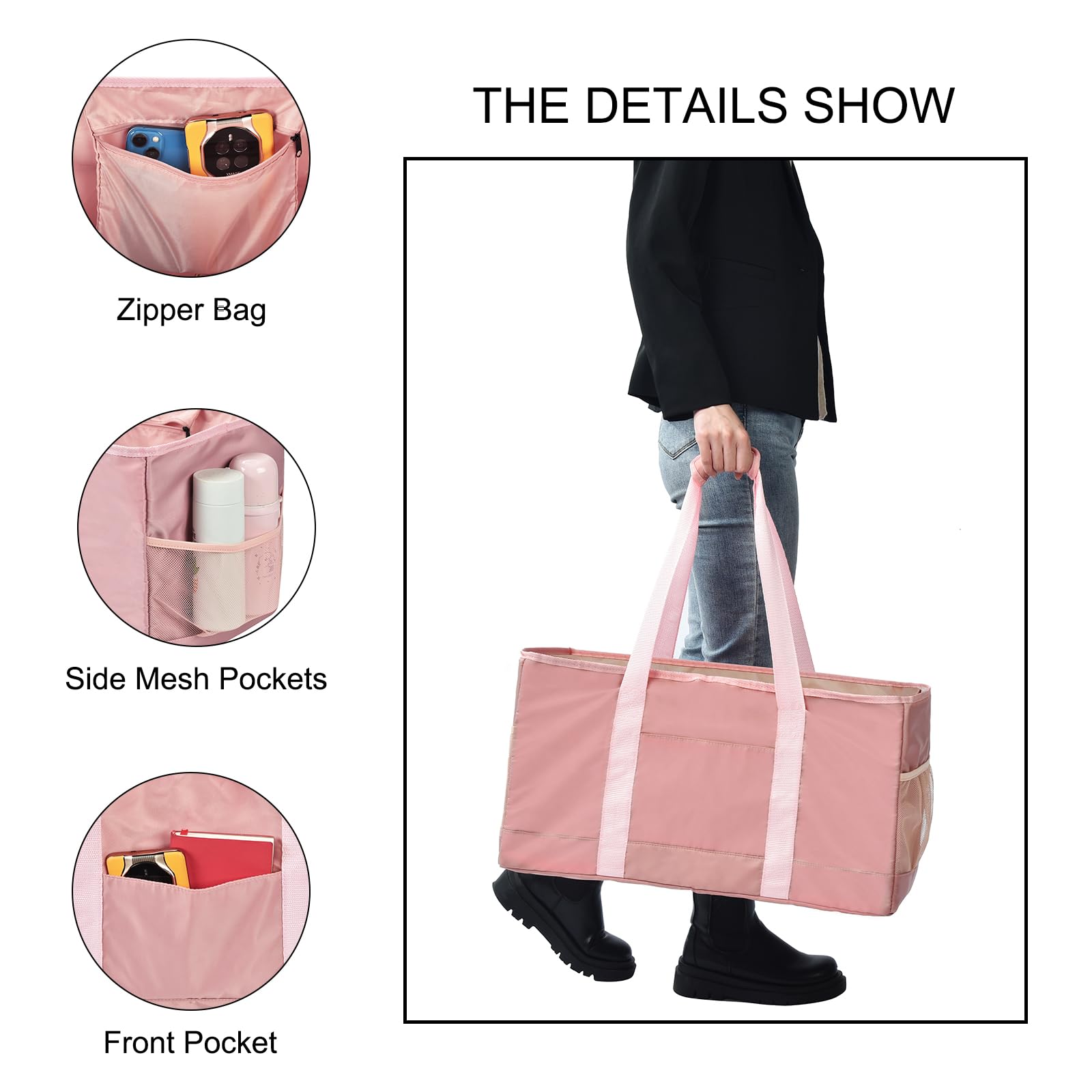 Litvyak Extra Large Utility Tote Bag, Reusable Grocery Bags Collapsible Tote Shopping Bag for Groceries, Storage, Picnics, Beach, Pool, Laundry, with Reinforced Wire Frame & Handles(Pink)