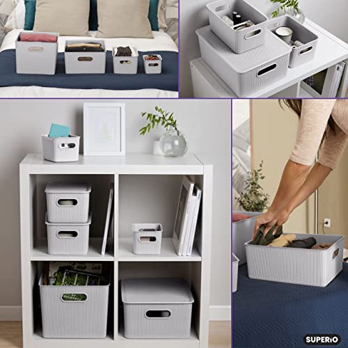 Superio Decorative Plastic Lidded Home Storage Bins Organizer Baskets, Large White Smoke (1 Pack - 15 Liter) Stackable Container Box, for Organizing Closet Shelves Drawer Shelf - Ribbed Collection