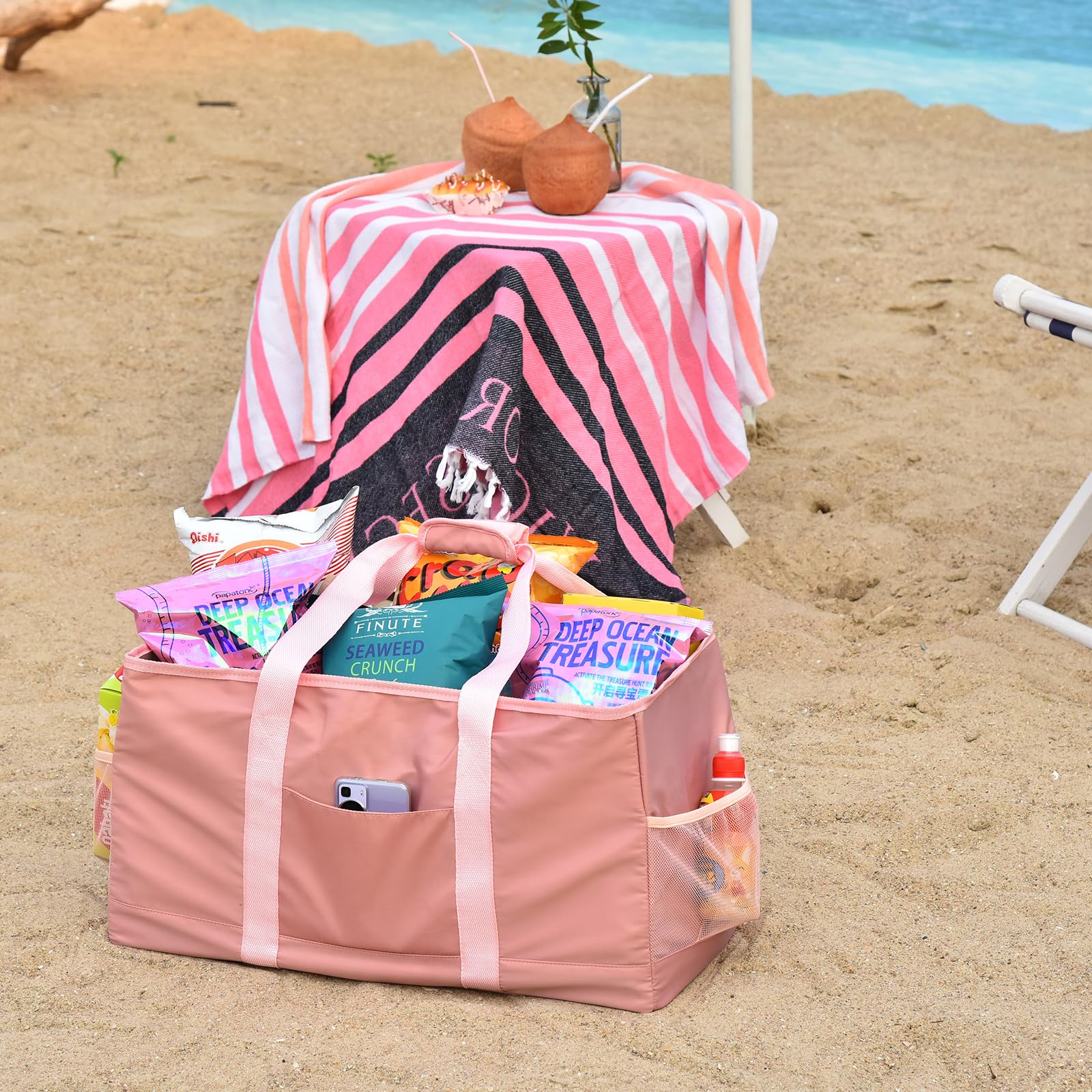 Litvyak Extra Large Utility Tote Bag, Reusable Grocery Bags Collapsible Tote Shopping Bag for Groceries, Storage, Picnics, Beach, Pool, Laundry, with Reinforced Wire Frame & Handles(Pink)