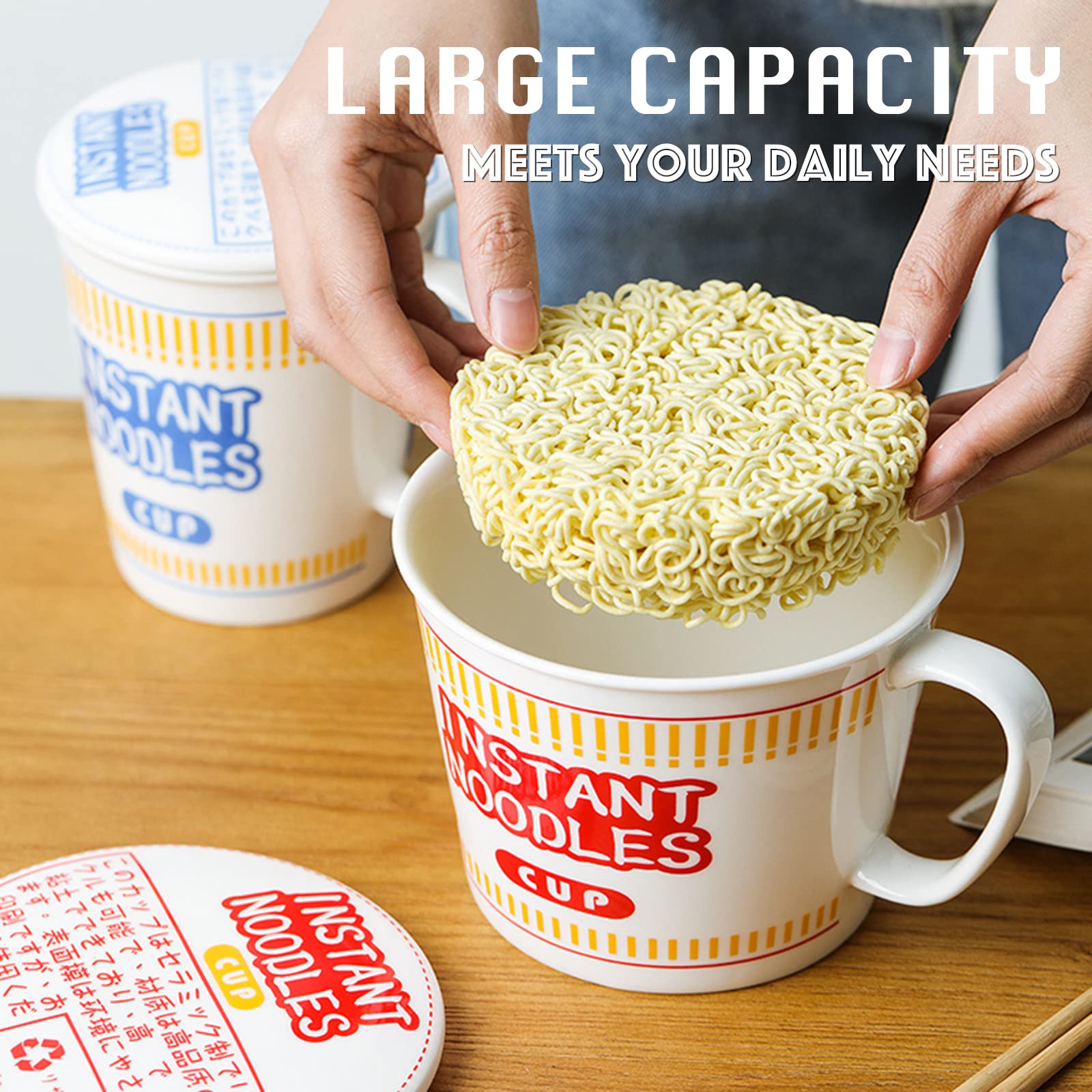 34 OZ Ceramic Ramen Bowl with Lid Instant Ramen Noodle Bowl Large Soup Bowl with Handle, Ramen Lovers Gift, Red