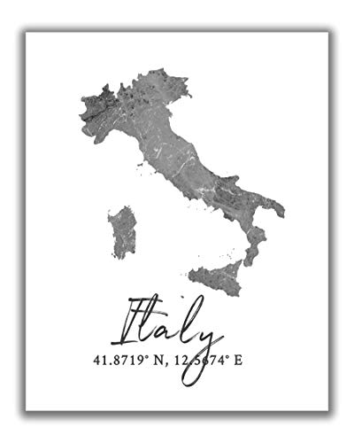 Italy Map Wall Art Print - 8x10 Silhouette Decor Print with Coordinates. Makes a Great Italian-Themed Gift. Shades of Grey, Black & White.