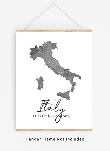 Italy Map Wall Art Print - 8x10 Silhouette Decor Print with Coordinates. Makes a Great Italian-Themed Gift. Shades of Grey, Black & White.