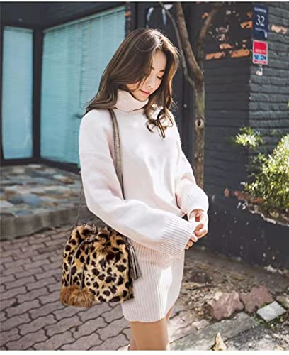 ENYIWH Women Leopard Print Faux Purse Fur Drawstring Bucket Bag Shoulder Crossbody Bag