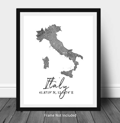 Italy Map Wall Art Print - 8x10 Silhouette Decor Print with Coordinates. Makes a Great Italian-Themed Gift. Shades of Grey, Black & White.