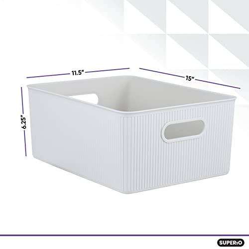 Superio Decorative Plastic Lidded Home Storage Bins Organizer Baskets, Large White Smoke (1 Pack - 15 Liter) Stackable Container Box, for Organizing Closet Shelves Drawer Shelf - Ribbed Collection