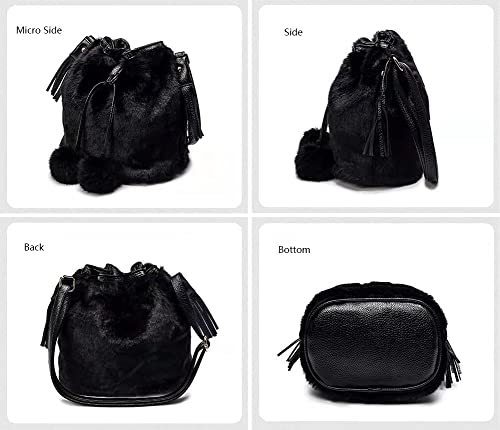 ENYIWH Women Leopard Print Faux Purse Fur Drawstring Bucket Bag Shoulder Crossbody Bag