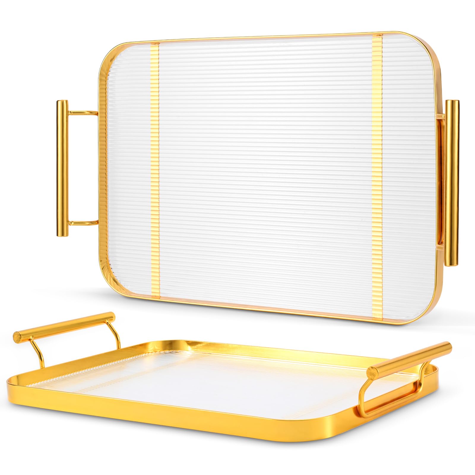 CoColemon Metal Serving Tray - 13.8"x10" Gold with Handles, Acrylic Bottom Decorative Tray for Ottoman,Coffee Table,Living Room and Bathroom