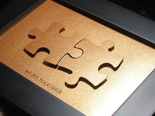 We fit together Puzzle Paper Cut Art - Gift for 8th Anniversary, Valentines Day Gift for him or her - DIY the Name and Date on Bronze Color Jigsaw