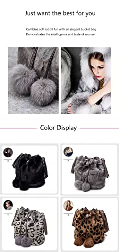 ENYIWH Women Leopard Print Faux Purse Fur Drawstring Bucket Bag Shoulder Crossbody Bag
