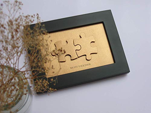 We fit together Puzzle Paper Cut Art - Gift for 8th Anniversary, Valentines Day Gift for him or her - DIY the Name and Date on Bronze Color Jigsaw