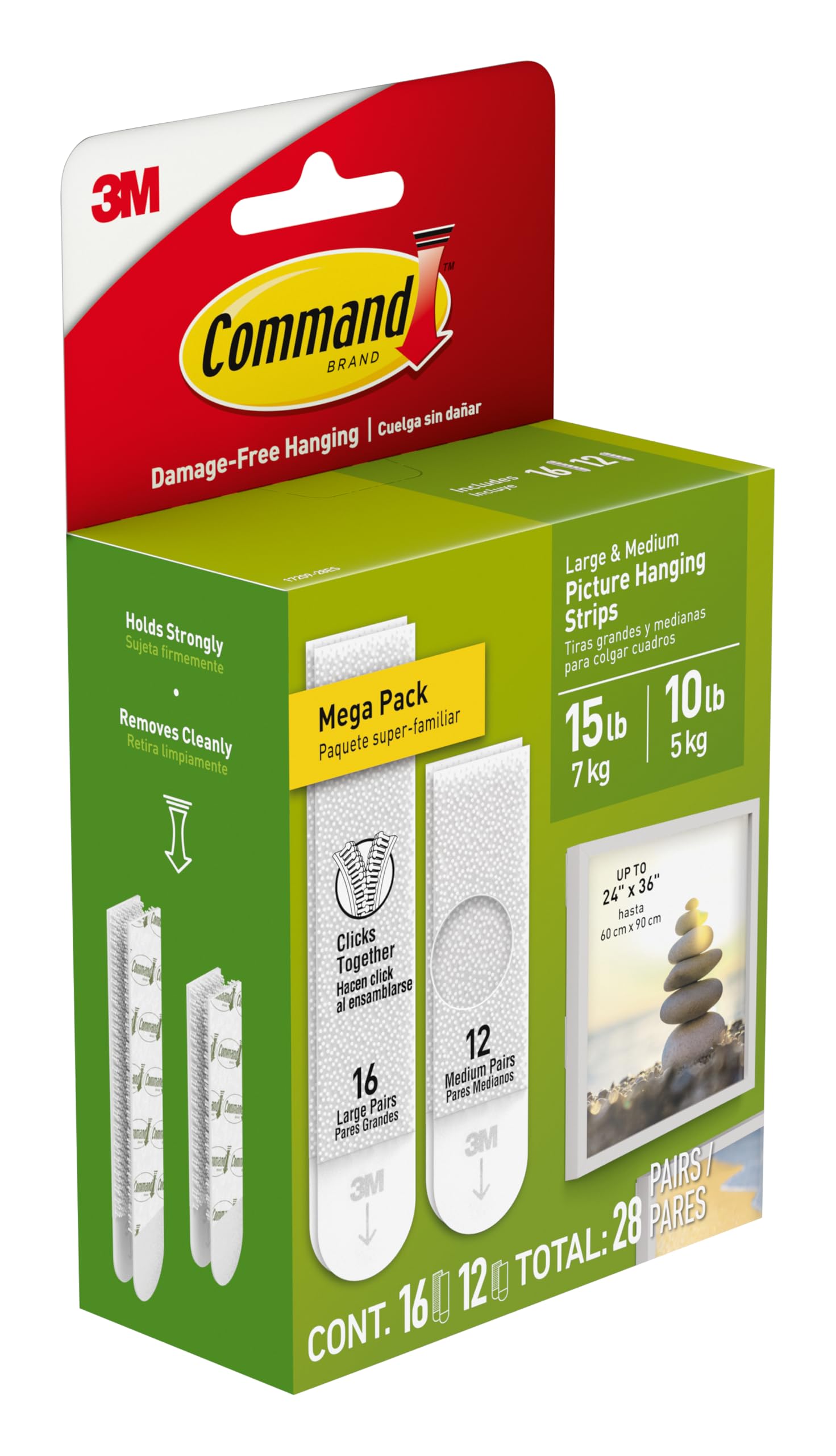 Command Medium and Large Picture Hanging Strips, Damage Free Hanging Picture Hangers, No Tools Wall Hanging Strips for Living Spaces, 12 Medium Pairs and 16 Large Pairs (Pack of 1)