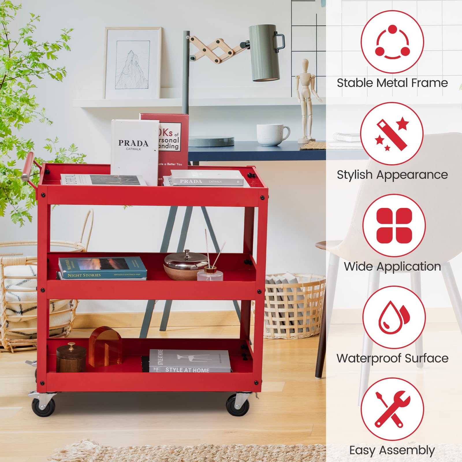 Goplus 3-Tier Utility Cart, Heavy Duty Commercial Service Tool Cart w/Lockable Wheels, 330lbs Load Capacity, Ergonomic Handle, Rolling Mechanic Tool Cart Storage Organizer for Warehouse Garage