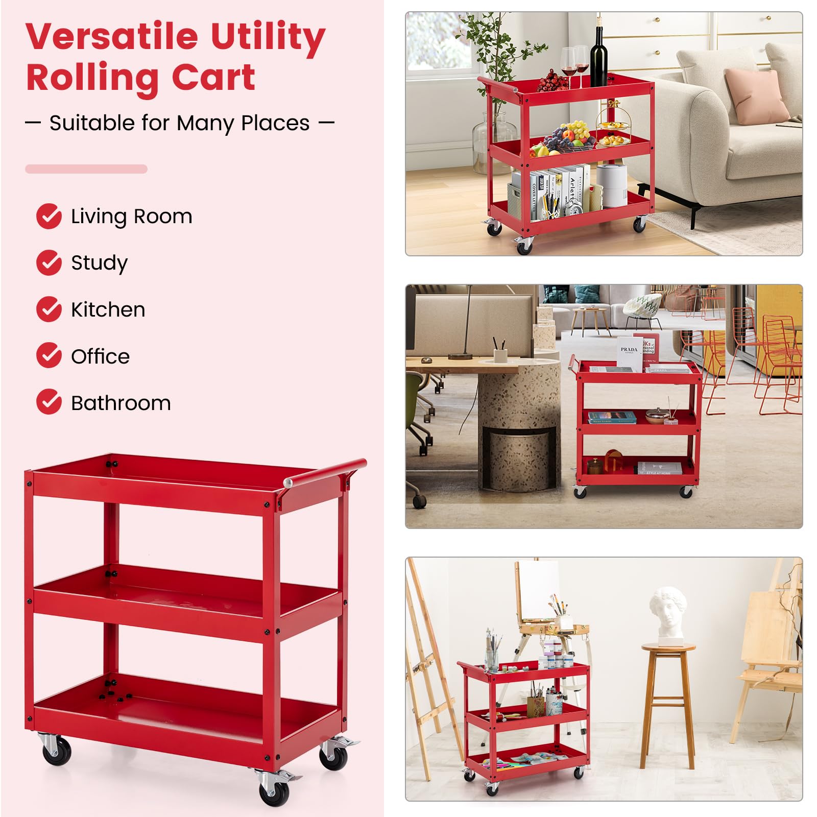 Goplus 3-Tier Utility Cart, Heavy Duty Commercial Service Tool Cart w/Lockable Wheels, 330lbs Load Capacity, Ergonomic Handle, Rolling Mechanic Tool Cart Storage Organizer for Warehouse Garage