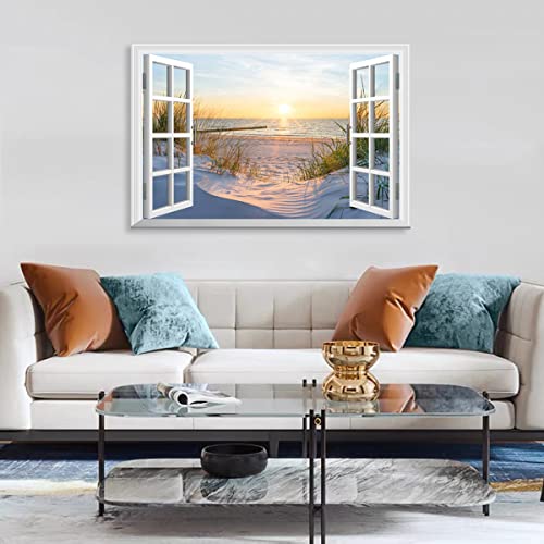 Woxfcart Window Beach Picture Canvas Wall Art Ocean Sunset Decor Yellow Natural Landscape with Framed 36x24