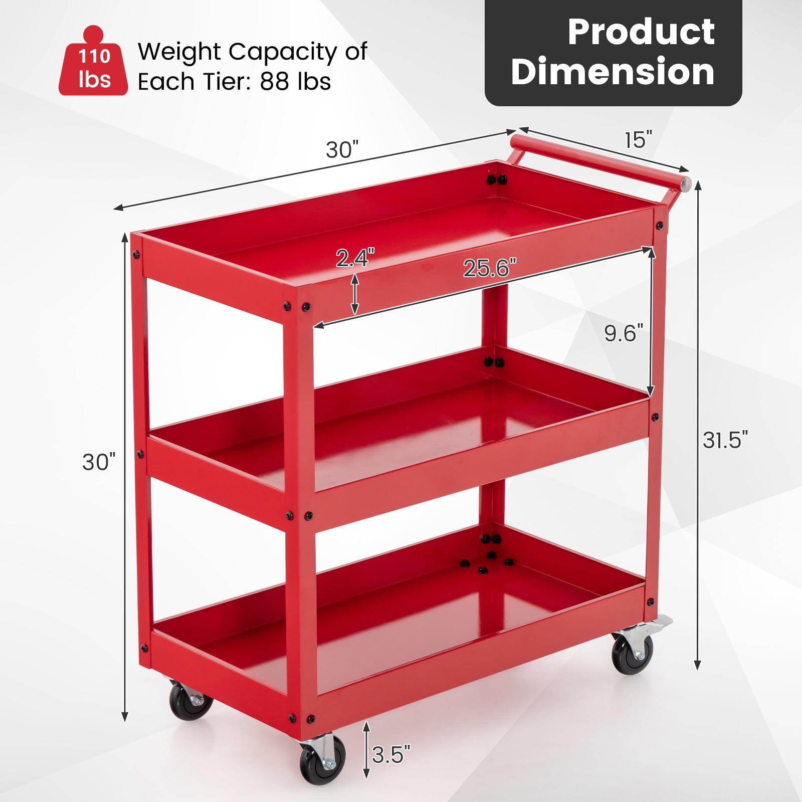 Goplus 3-Tier Utility Cart, Heavy Duty Commercial Service Tool Cart w/Lockable Wheels, 330lbs Load Capacity, Ergonomic Handle, Rolling Mechanic Tool Cart Storage Organizer for Warehouse Garage