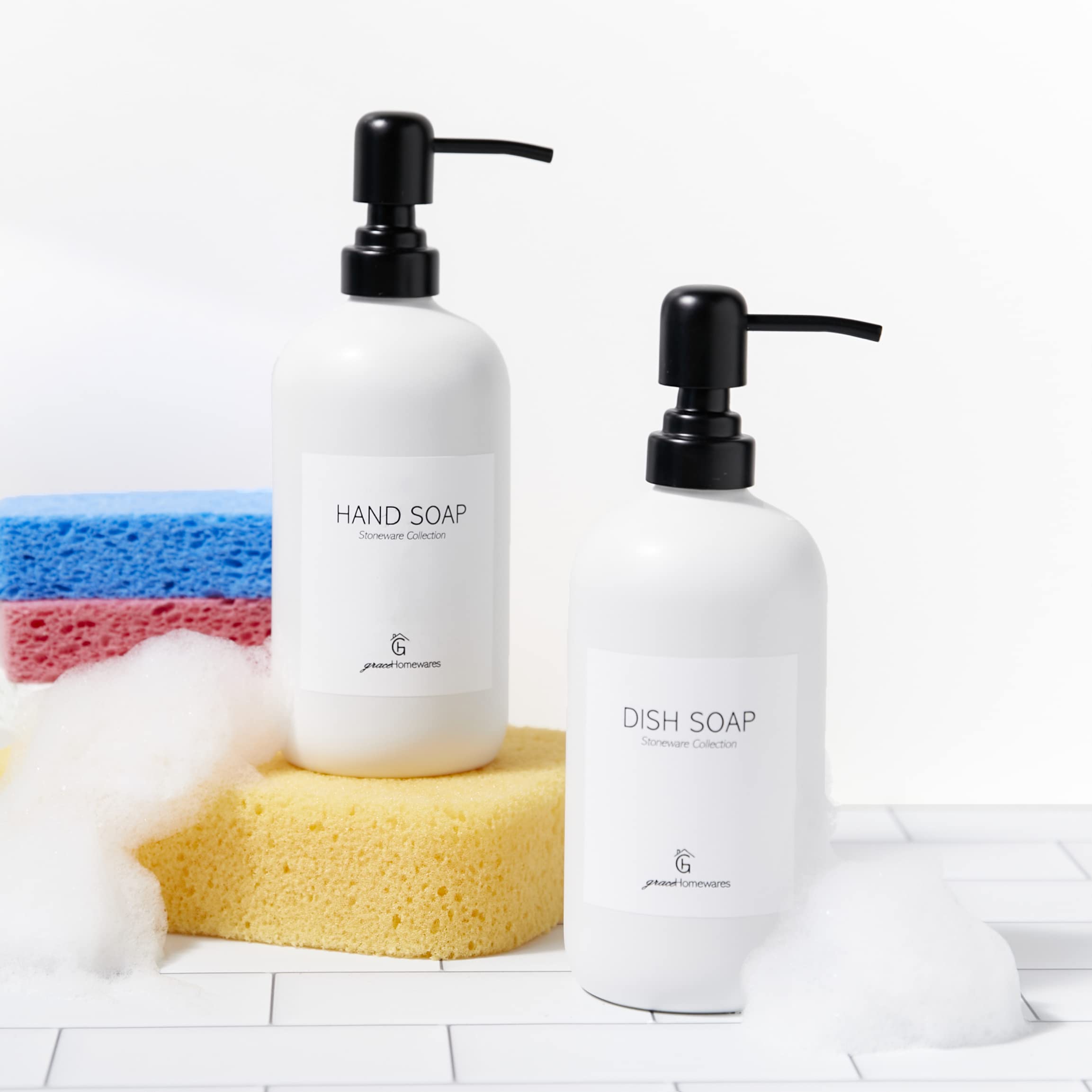 GraceHomewares Stoneware Ceramic Dish Soap Dispenser for Kitchen Sink | Kitchen Soap Dispenser Set | Soap Holder | Bathroom Hand Soap Dispenser | Waterproof Labels | 2 Pack | White w/Black Pump