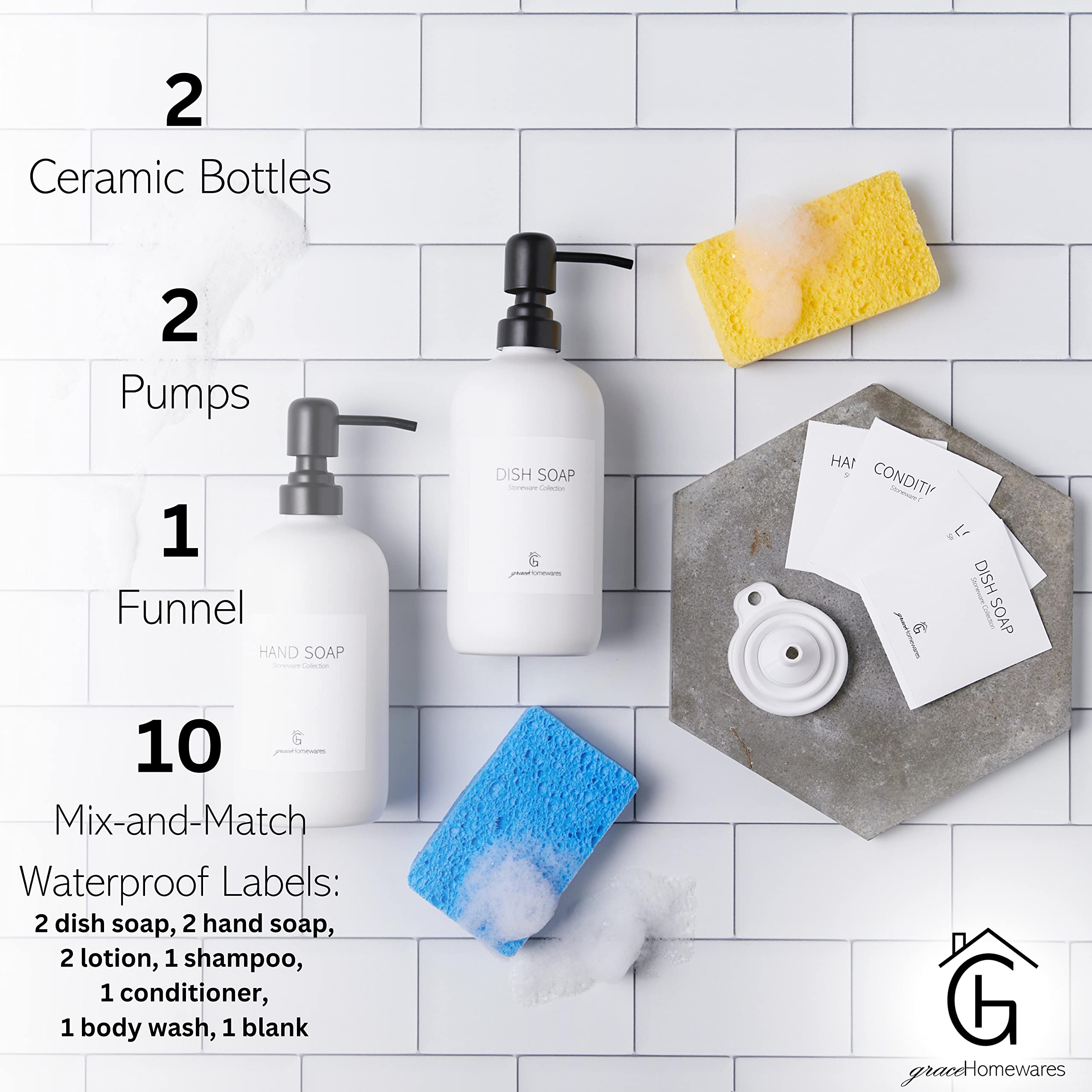 GraceHomewares Stoneware Ceramic Dish Soap Dispenser for Kitchen Sink | Kitchen Soap Dispenser Set | Soap Holder | Bathroom Hand Soap Dispenser | Waterproof Labels | 2 Pack | White w/Black Pump