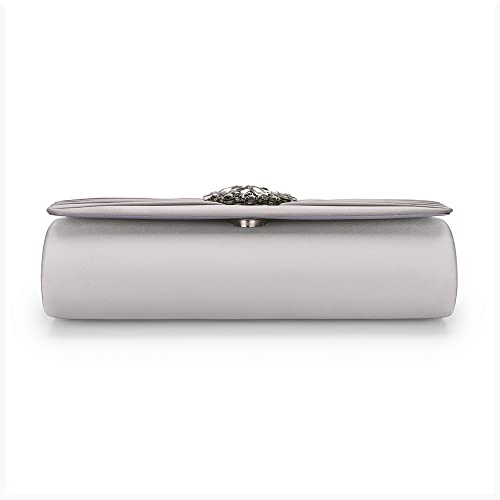 Mulian LilY M102 Silver Evening Bags For Women Pleated Satin Rhinestone Brooch Prom Clutch Purse With Detachable Chain Strap Silver
