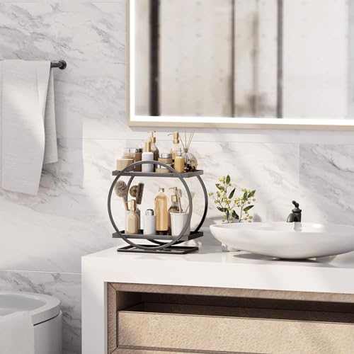Black Countertop Organizer for Bathroom & Kitchen, 2 Tier Aluminum Shower Room Desk Counter Top Storage Shelf for Makeup Vanity, Kitchen Under Sink Cabinet Organizer for Spice
