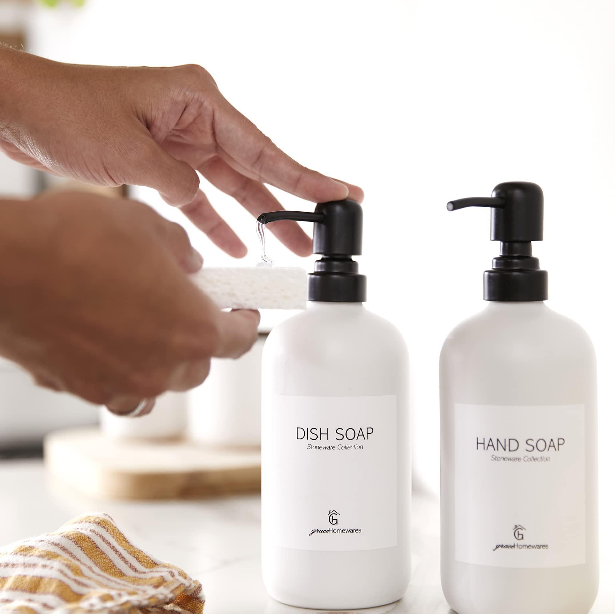 GraceHomewares Stoneware Ceramic Dish Soap Dispenser for Kitchen Sink | Kitchen Soap Dispenser Set | Soap Holder | Bathroom Hand Soap Dispenser | Waterproof Labels | 2 Pack | White w/Black Pump