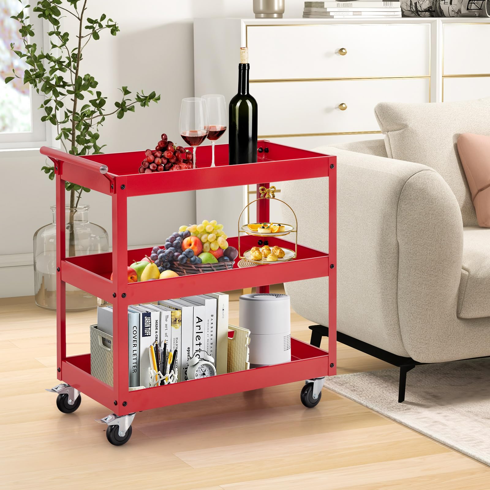Goplus 3-Tier Utility Cart, Heavy Duty Commercial Service Tool Cart w/Lockable Wheels, 330lbs Load Capacity, Ergonomic Handle, Rolling Mechanic Tool Cart Storage Organizer for Warehouse Garage