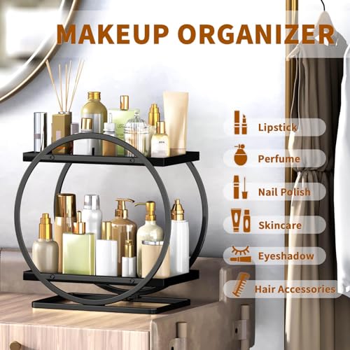 Black Countertop Organizer for Bathroom & Kitchen, 2 Tier Aluminum Shower Room Desk Counter Top Storage Shelf for Makeup Vanity, Kitchen Under Sink Cabinet Organizer for Spice