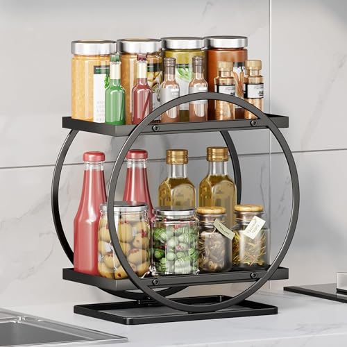 Black Countertop Organizer for Bathroom & Kitchen, 2 Tier Aluminum Shower Room Desk Counter Top Storage Shelf for Makeup Vanity, Kitchen Under Sink Cabinet Organizer for Spice