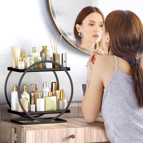 Black Countertop Organizer for Bathroom & Kitchen, 2 Tier Aluminum Shower Room Desk Counter Top Storage Shelf for Makeup Vanity, Kitchen Under Sink Cabinet Organizer for Spice