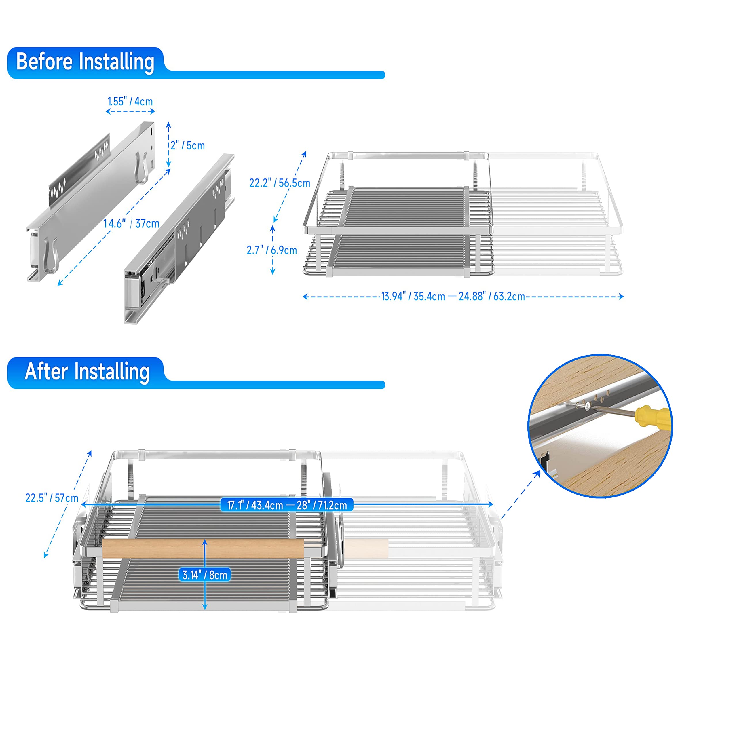 2Pack Expandable Pull Out Cabinet Organizer, 17.1~28"W x 22.5"D Heavy Duty Slide Out Shelves Adjustable Hight Cabinet Pull Out Shelves,Expandable Width Spice Rack Organizer for Kitchen Cabinet