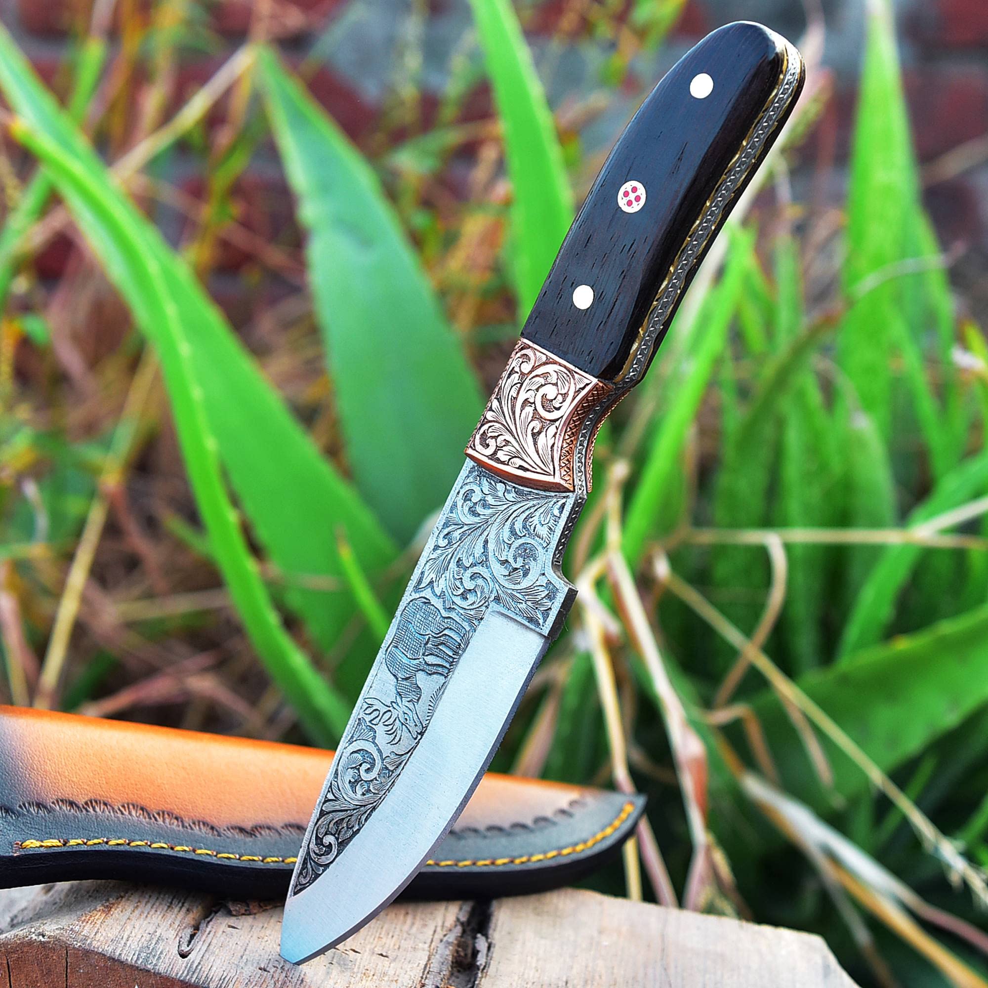 HF ENTERPRISES 440 Stainless Steel Hand Engraved Fixed Blade Hunting Camping Survival tactical EDC Knife with Leather sheath and storage box