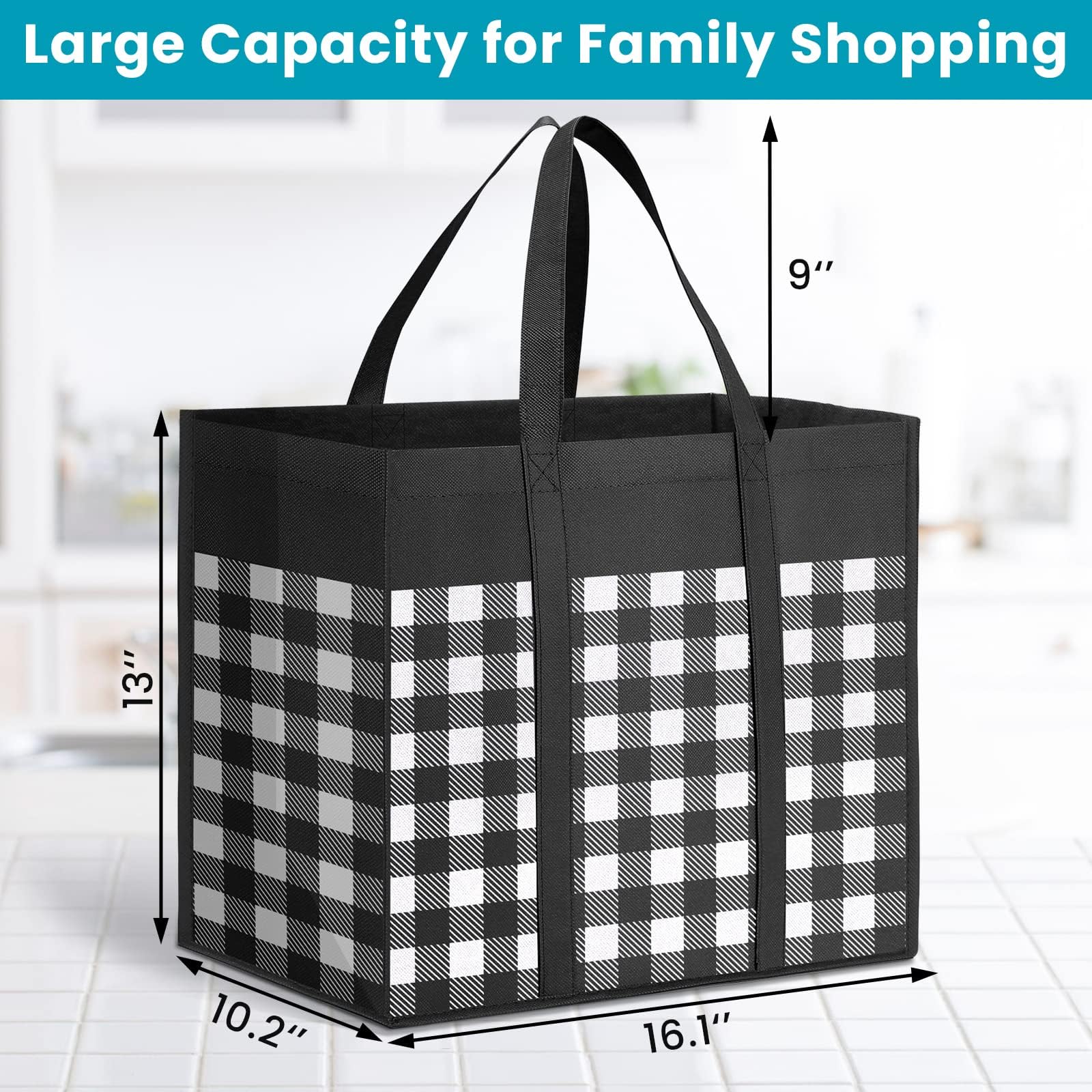 WOWBOX Reusable Grocery Bags,6-Pack, Foldable Reusable Shopping Tote Bags bulk with Reinforced Handles,Large Storage Bags with Water Resistant Coating for Groceries,Multipurpose,Black-White