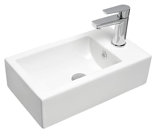 AMASHEN 18" Wall Mount Bathroom Sink, Floating Vanity Unit Sink, Small Rectangular Ceramic Cloakroom Wash Basin, White, Right Hand