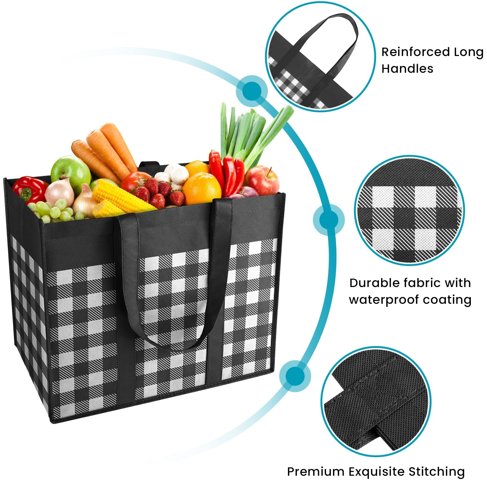 WOWBOX Reusable Grocery Bags,6-Pack, Foldable Reusable Shopping Tote Bags bulk with Reinforced Handles,Large Storage Bags with Water Resistant Coating for Groceries,Multipurpose,Black-White